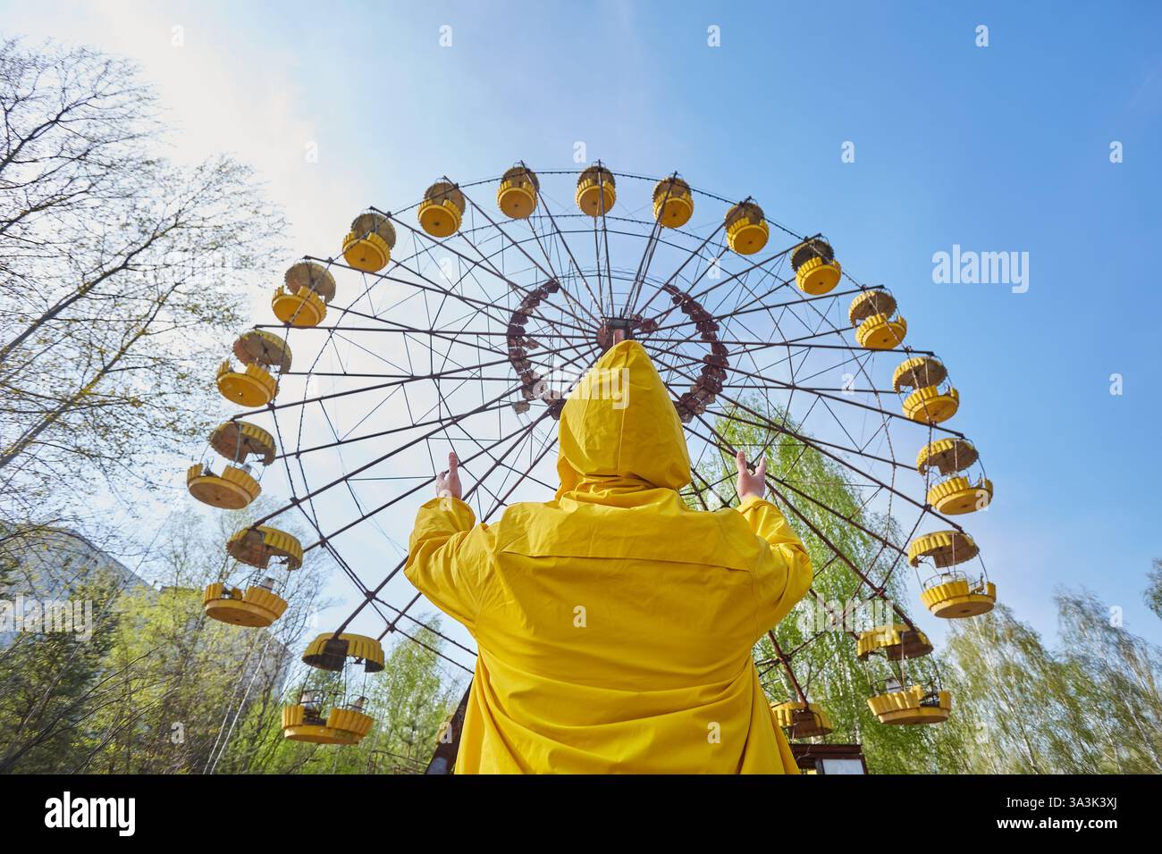 A lone figure in yellow stands before the motionless Ferris wheel in ...
