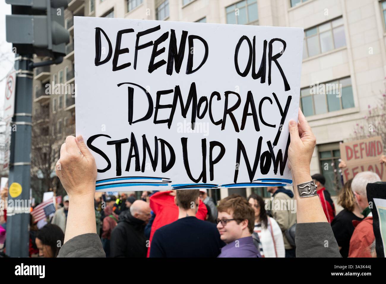A sign saying "Defend our democracy, stand up now" at a demonstration ...