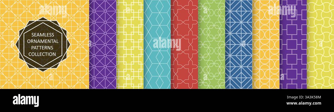 Collection of bright colorful geometric seamless patterns - symmetry grid textures. Vector ...