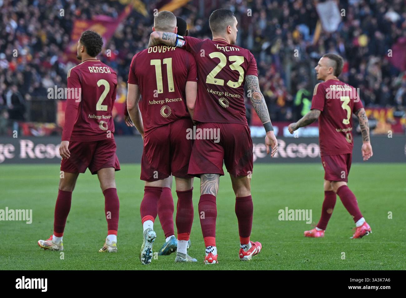 Rome, Lazio. 16th Mar, 2025. Artem Dovbyk of AS Roma celebrates scoring ...