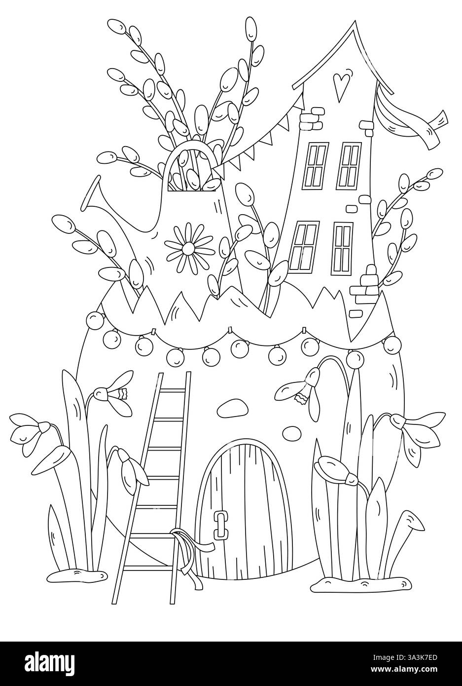 Easter Theme Coloring Page With Spring Flowers And A House Anti-Stress ...