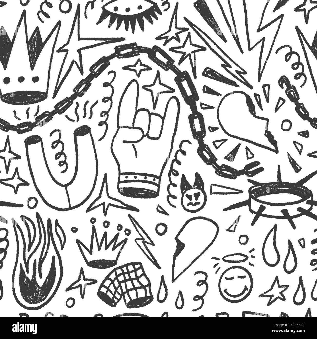 Girly rock and roll crayon seamless pattern. Graffiti doodle marker ...