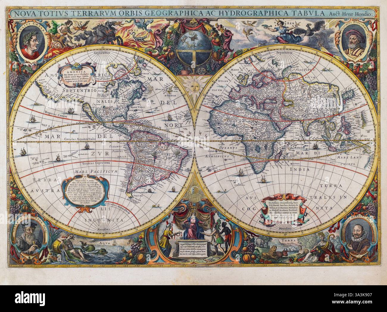 Coloured engraving New map of the world, by Hendrick Hondius and Jan ...