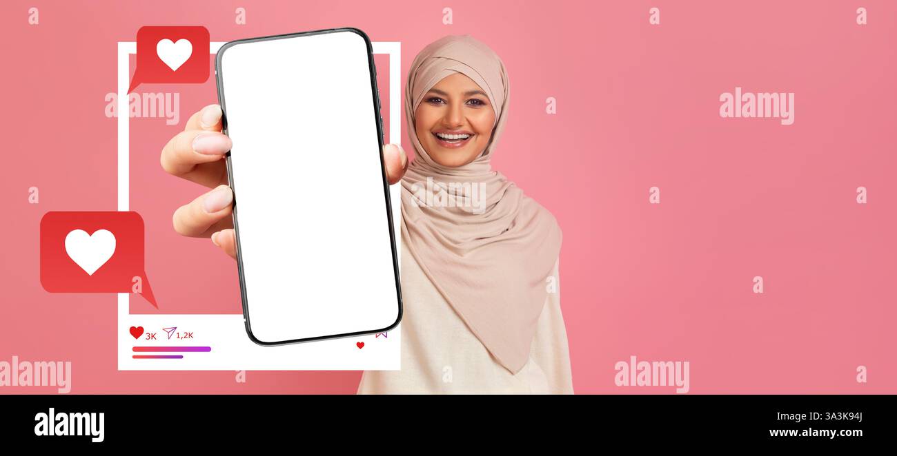 Social media influencer showcasing a smartphone on a vibrant background ...