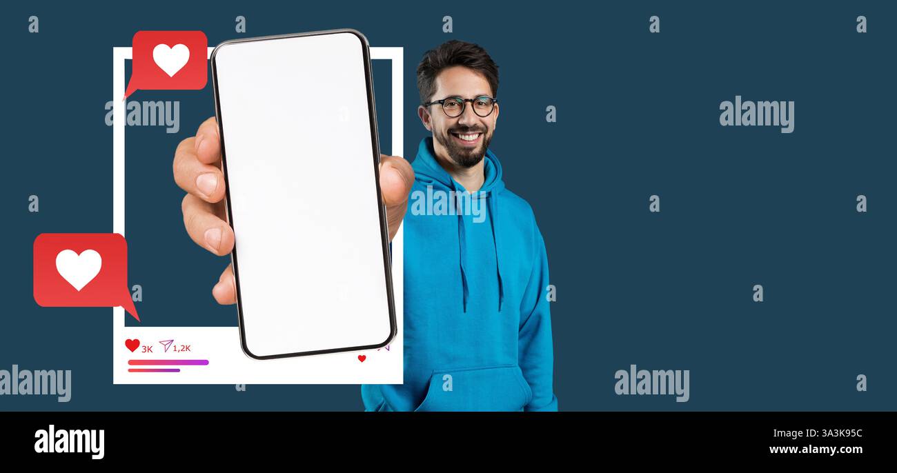 Hand holding smartphone with social media app mockup for influencers ...