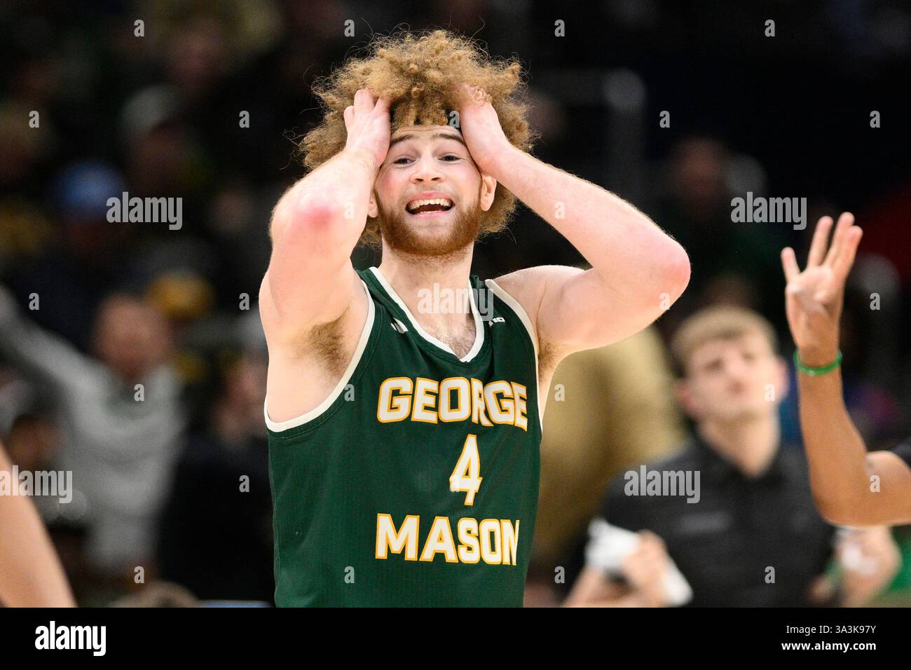 George Mason guard Brayden O'Connor (4) reacts after he was called for ...