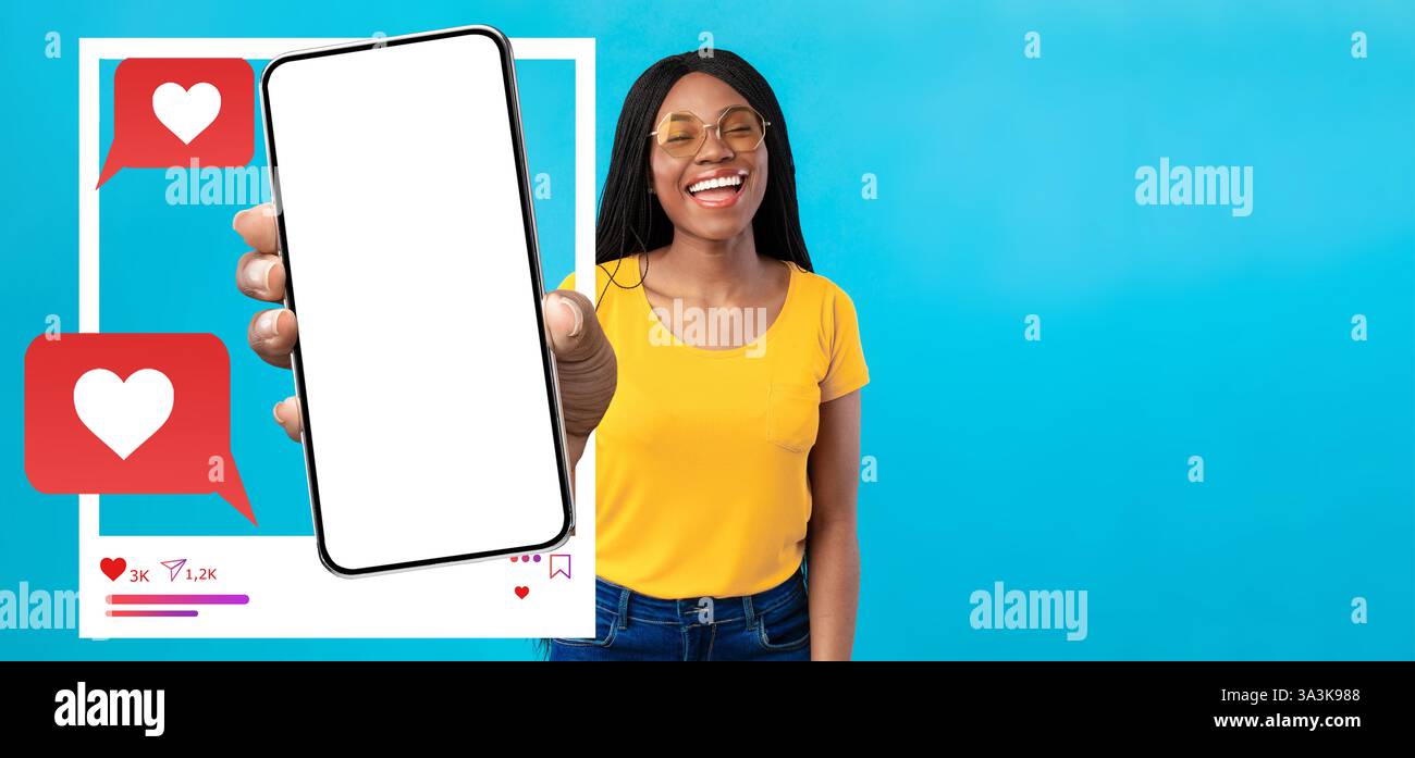 Influencer showing smartphone with social media reactions in bright ...