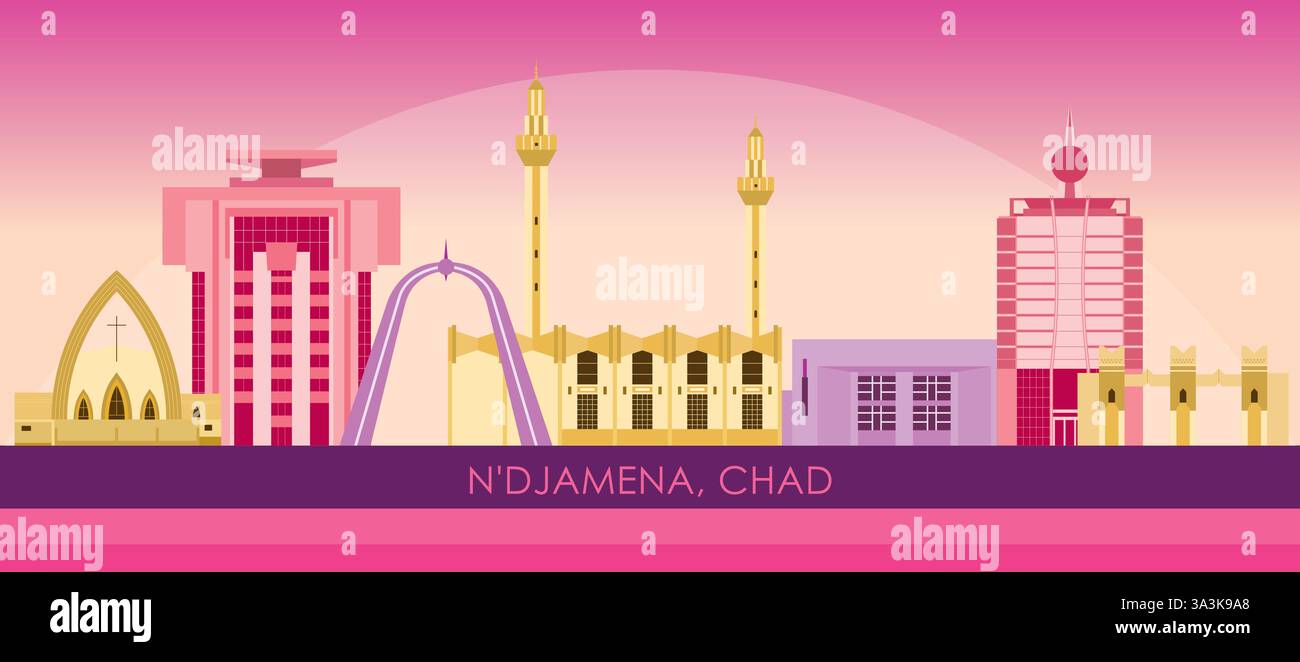 Sunset Skyline panorama of city of N'djamena, Chad - vector illustration Stock Vector Image ...