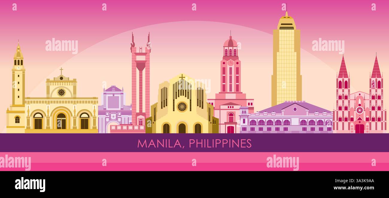Sunset Skyline panorama of city of Manila, Philippines - vector ...