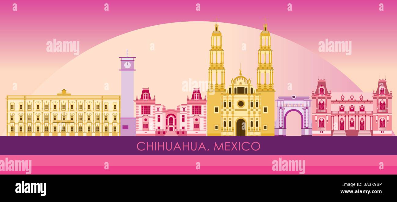 Sunset Skyline panorama of city of Chihuahua, Mexico - vector ...