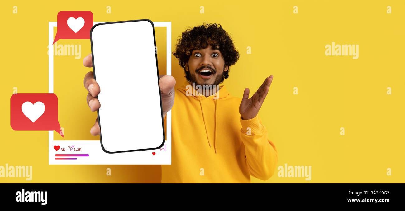 Excited influencer shares a smartphone screen mockup with social media ...