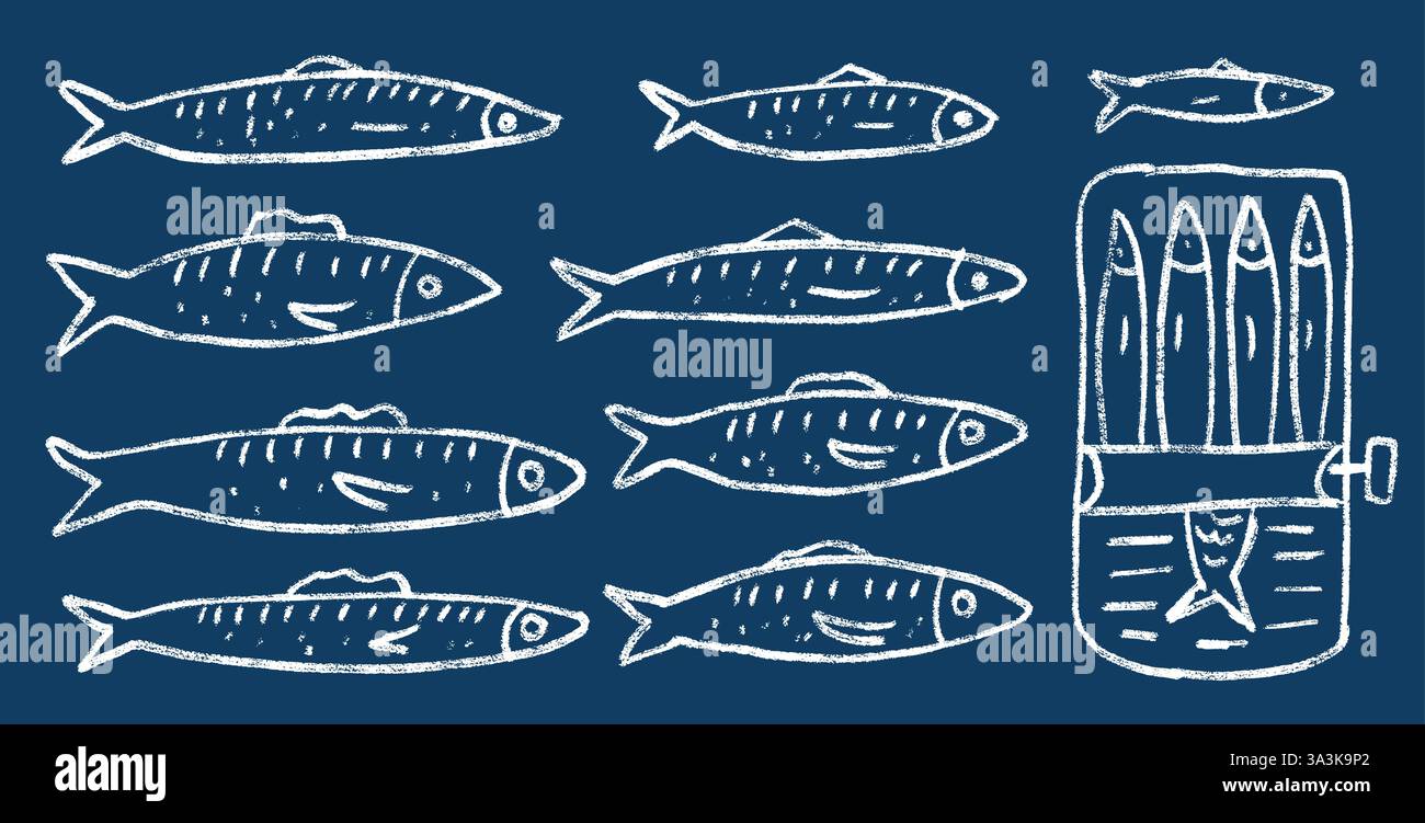 Sardines line doodle set. Canned fish hand drawn scribble. tinned ...