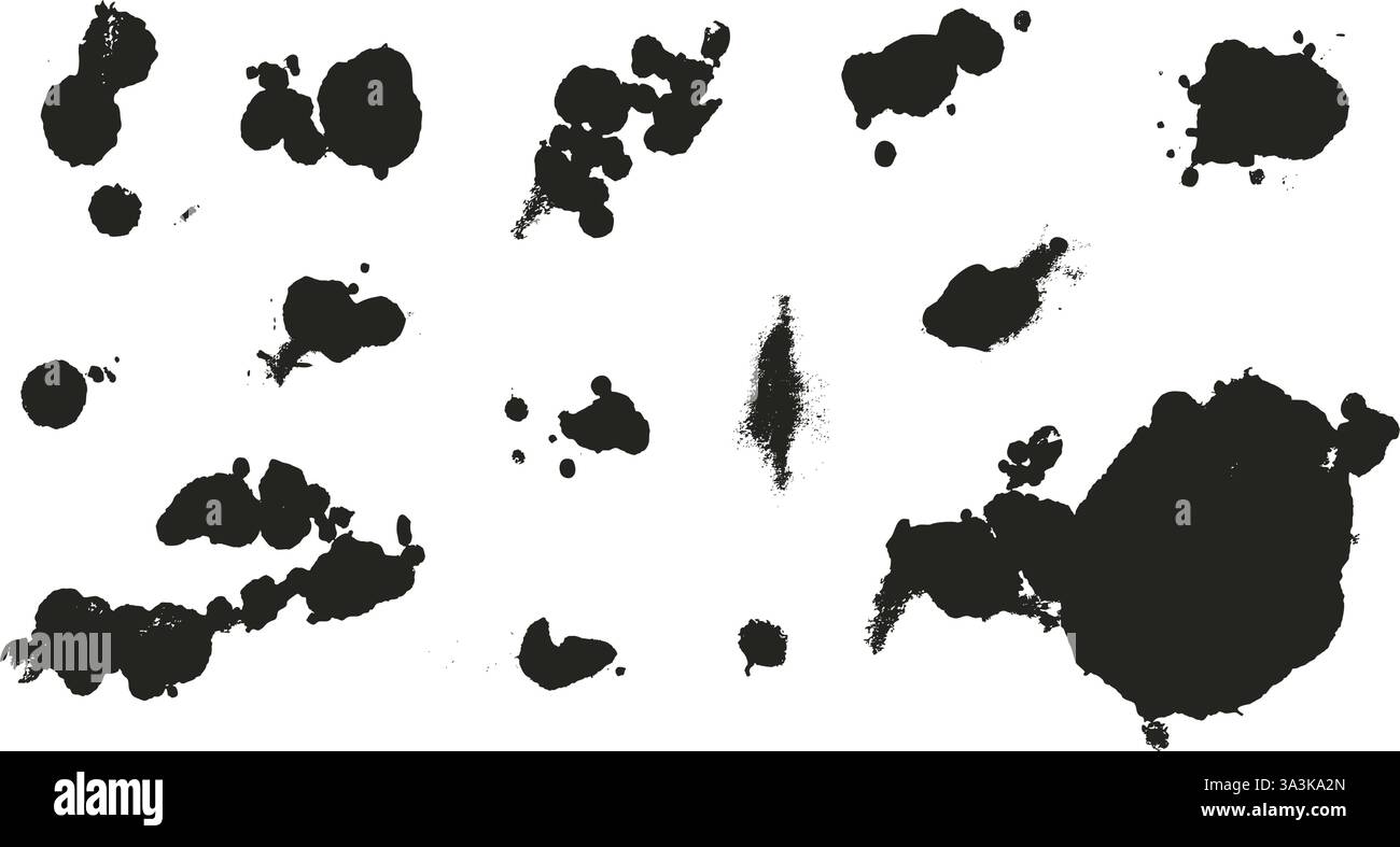 Ink spray splatters set. Grunge graffiti splashes and drips pack. Black ...