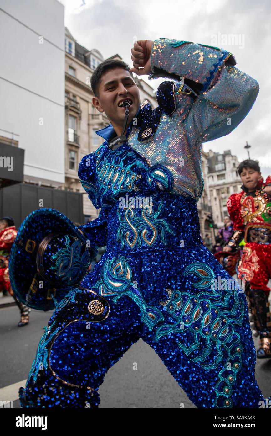 London, UK. 16th Mar, 2025. A South American dancer performs during the ...