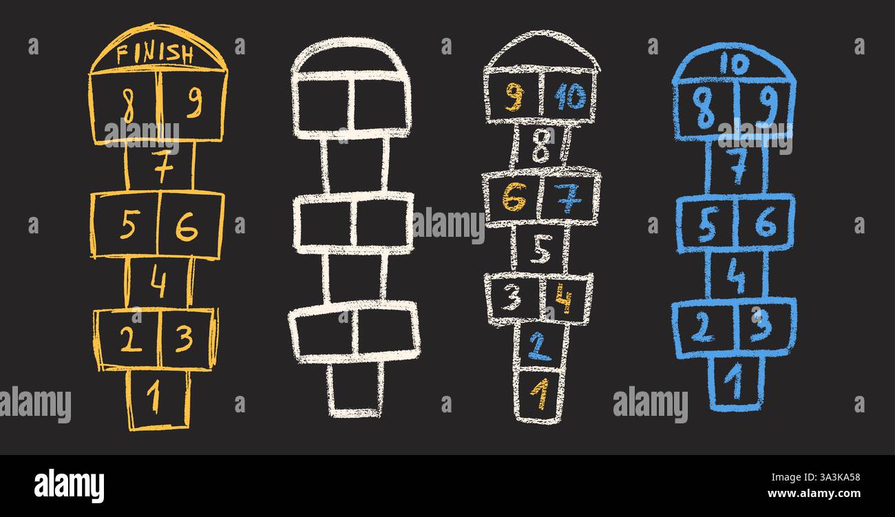 Hopscotch games chalk drawn set isolated on dark background. Children ...