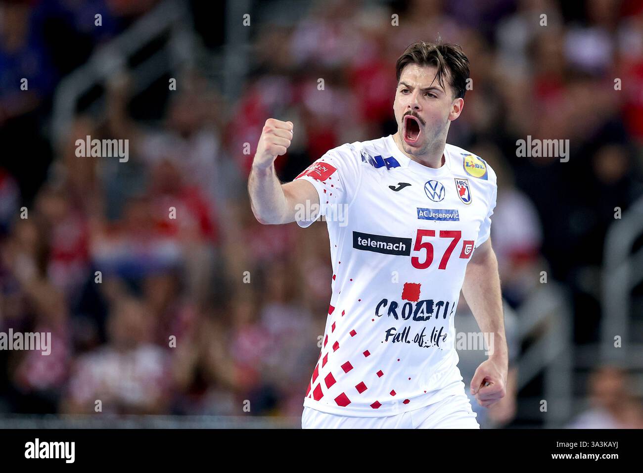 Zagreb, Croatia. 16th Mar, 2025. Filip Glavas of Croatia celebrates ...