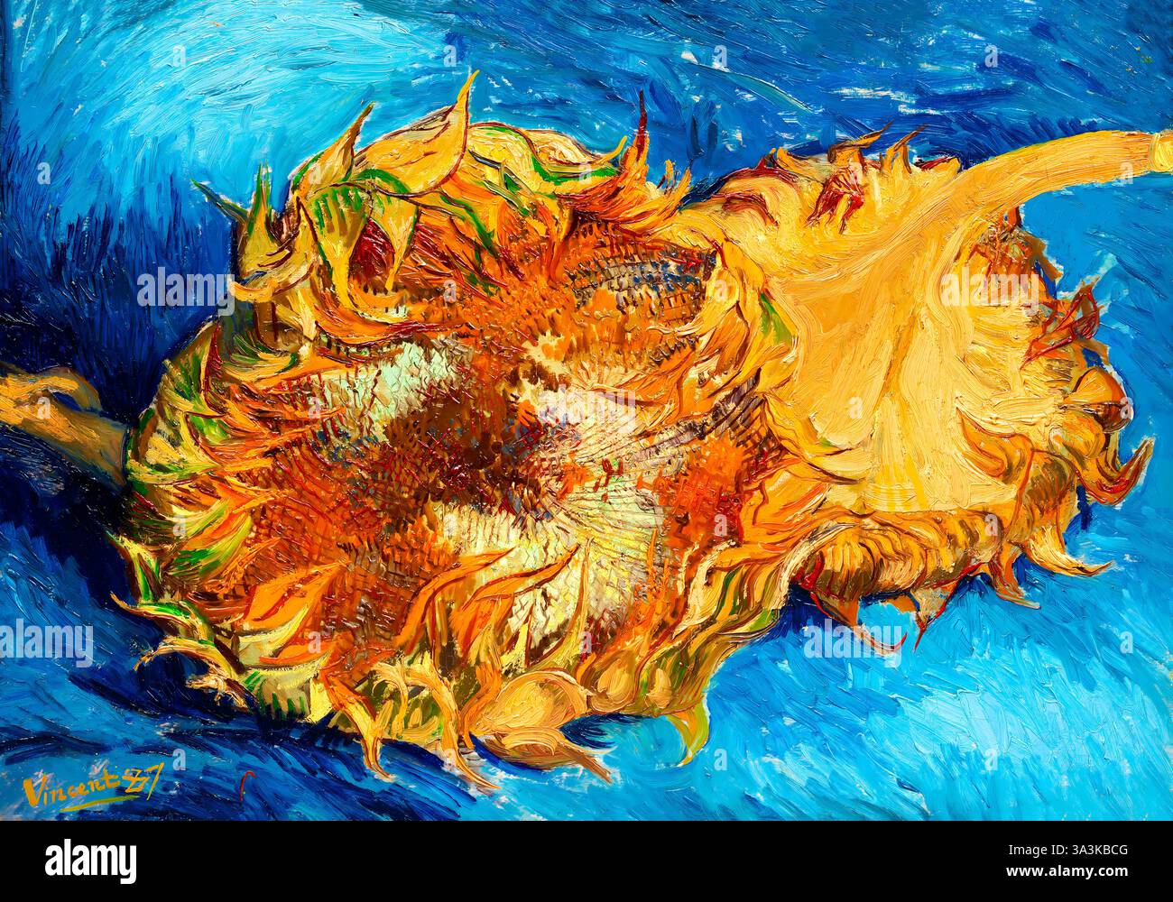 This vibrant and captivating depiction of sunflowers showcases rich and ...