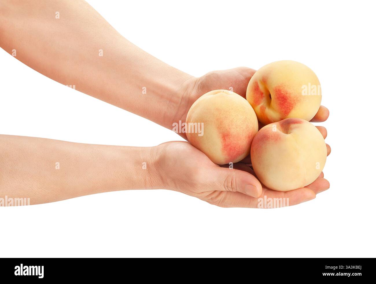 white peach in hand path isolated on white Stock Photo - Alamy