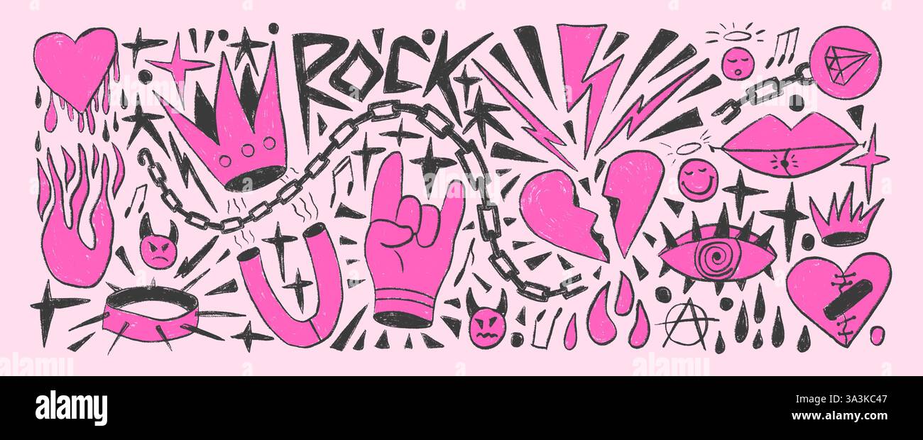 Rock and roll girly crayon drawn set. Punk coquette breaking heart doodle background. Scribble ...