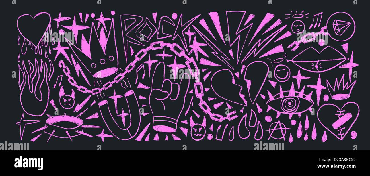 Rock and roll girly line crayon drawn set. Punk coquette breaking heart doodle background ...