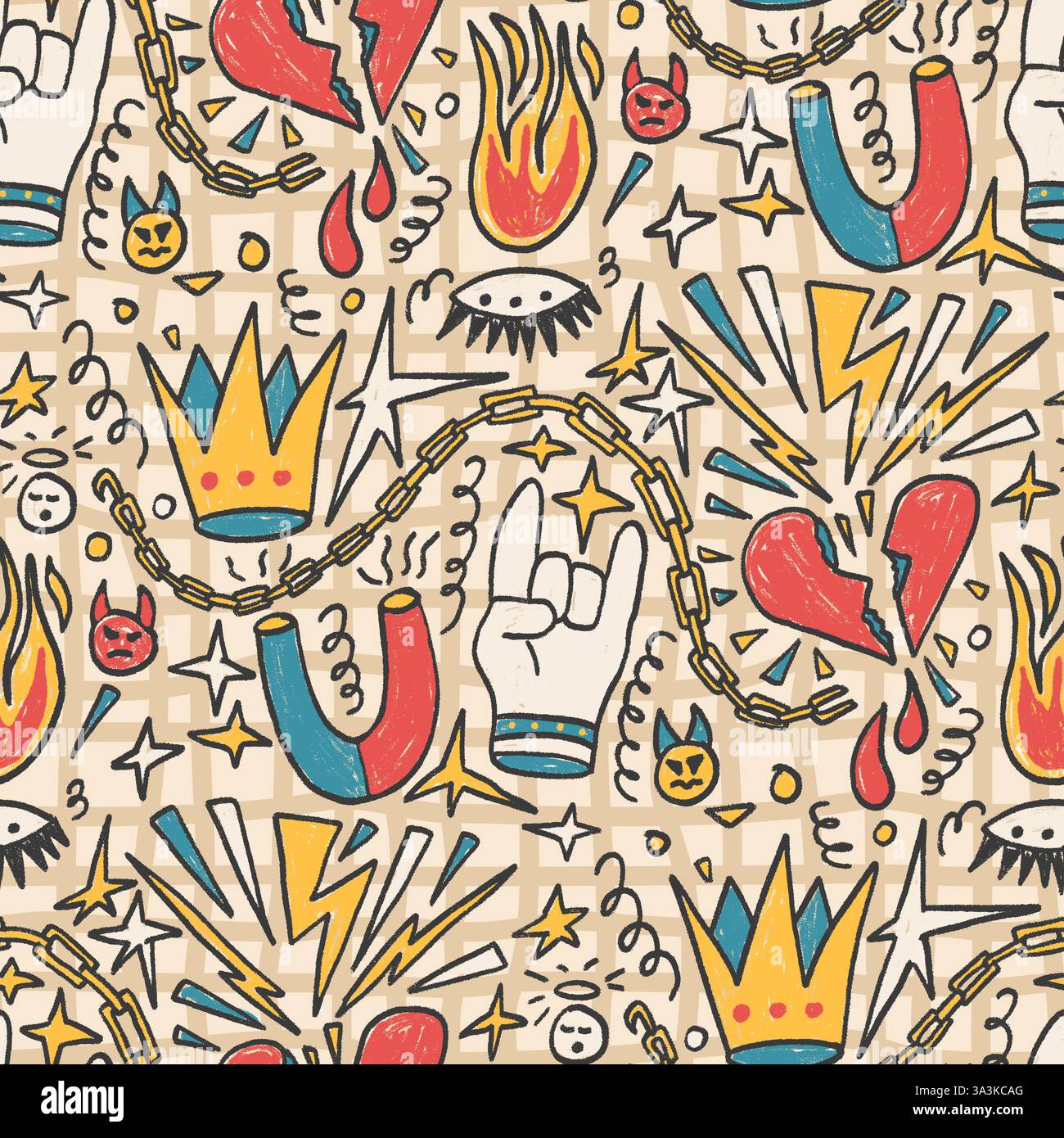 Girly punk rock crayon seamless pattern. Graffiti doodle marker endless ...