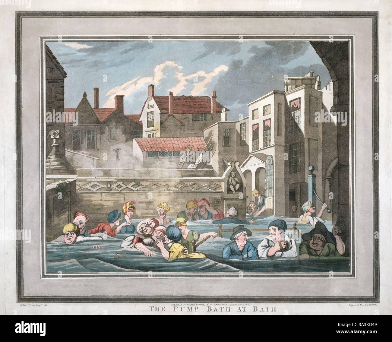 A funny humorous print coloured engraving of The Pump Room Bath England ...