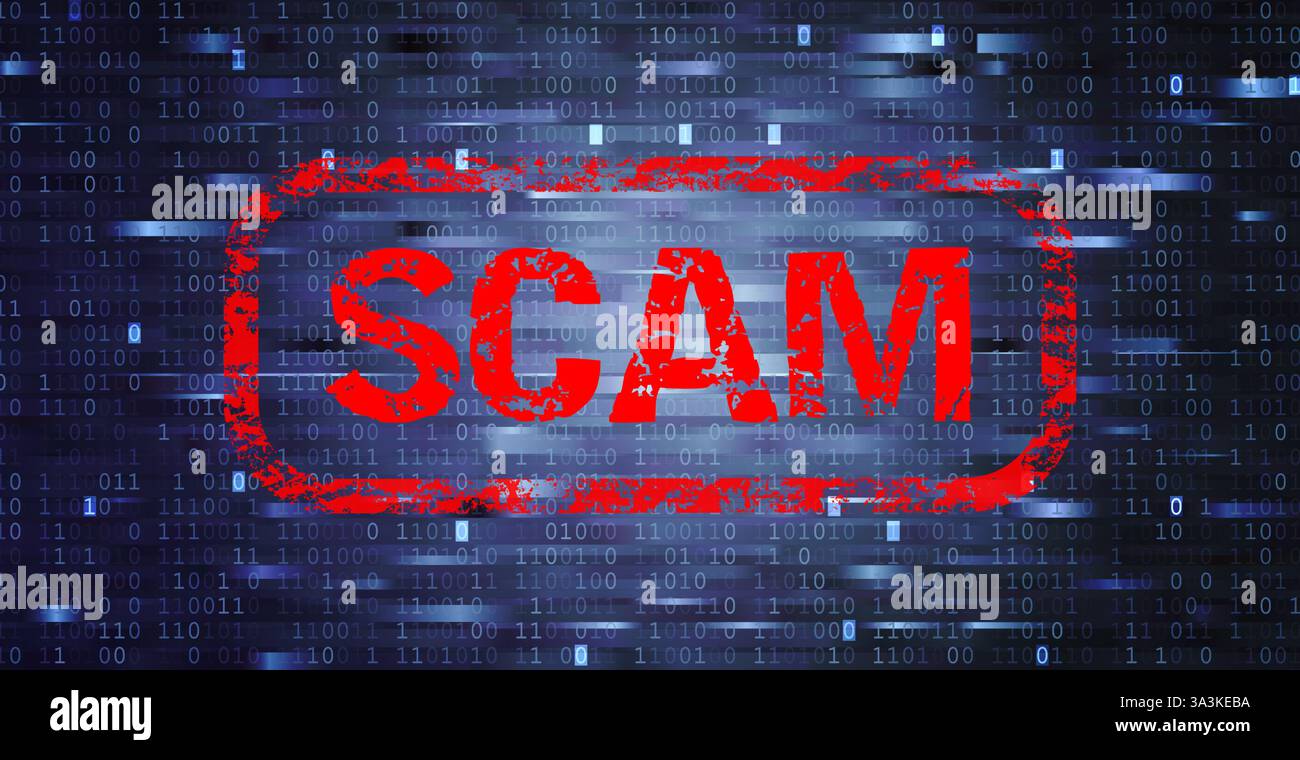 Cyber Scam Alert. Binary Code Background Illustrating Internet Fraud, Hacking Threats, and Data ...