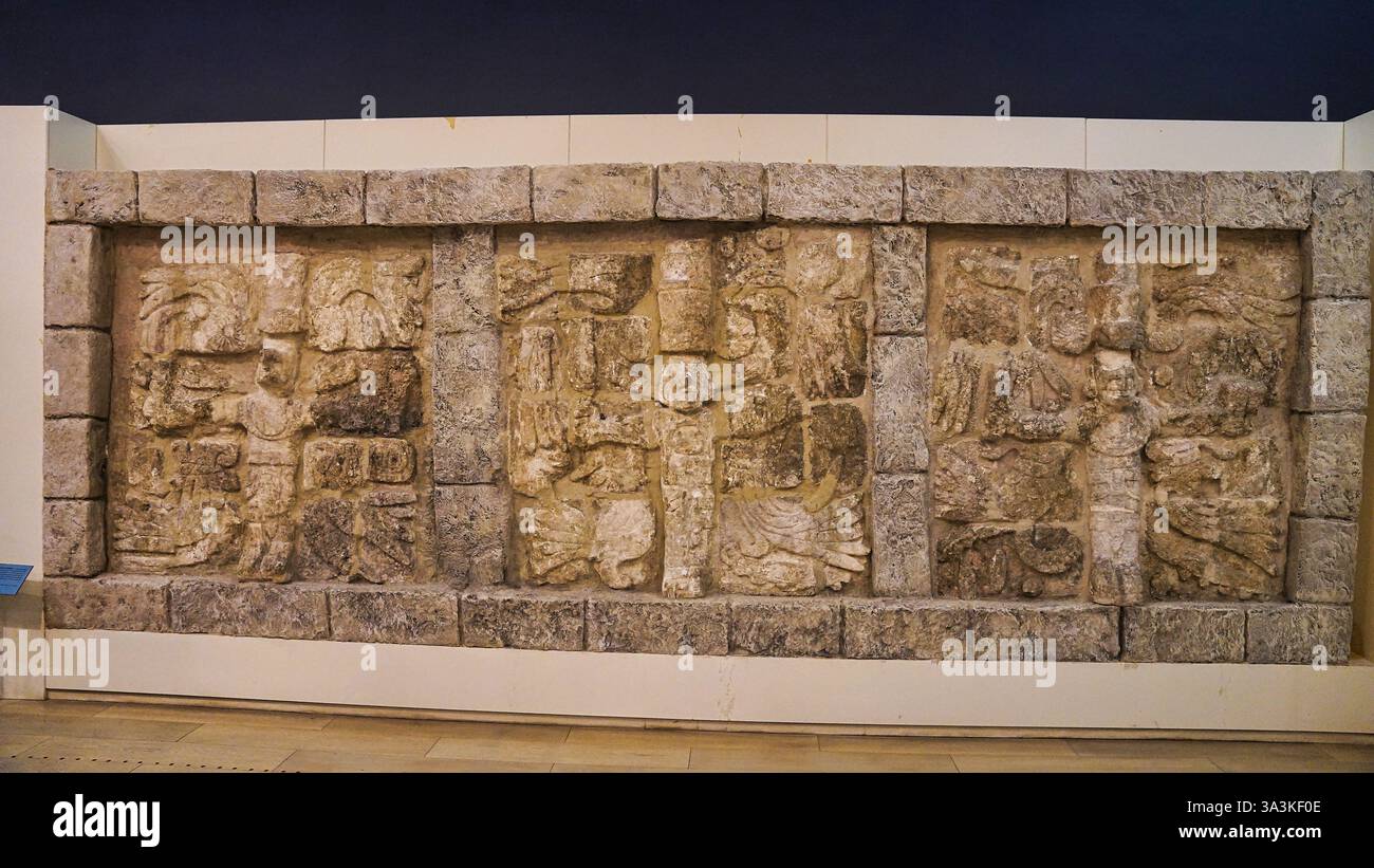 Limestone Panel depicting reliefs of three Mayan winged gods, probably ...