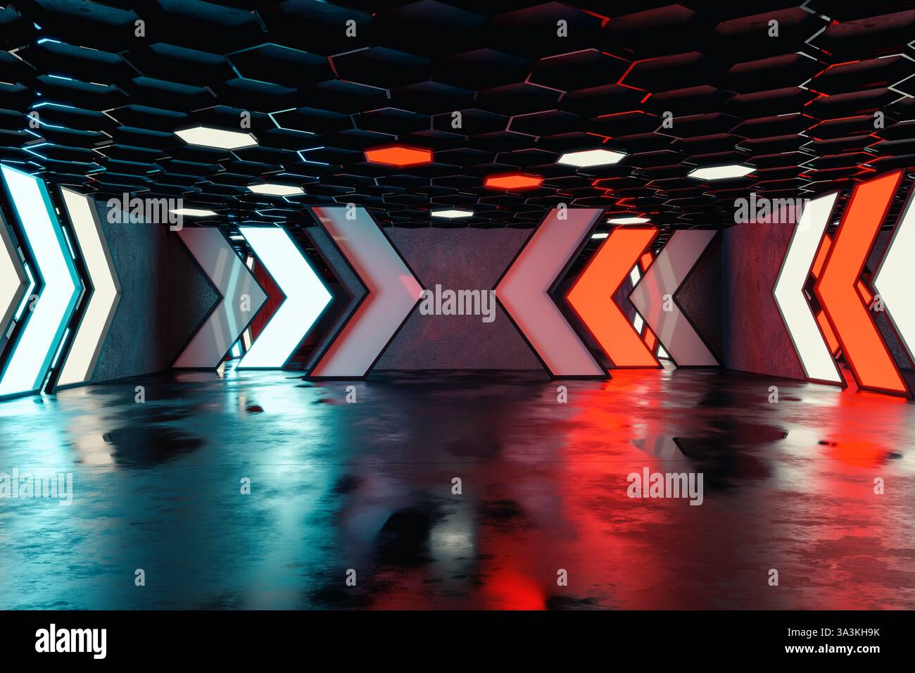 3D rendering of epic hall with neon direction elements and hexagonal ...