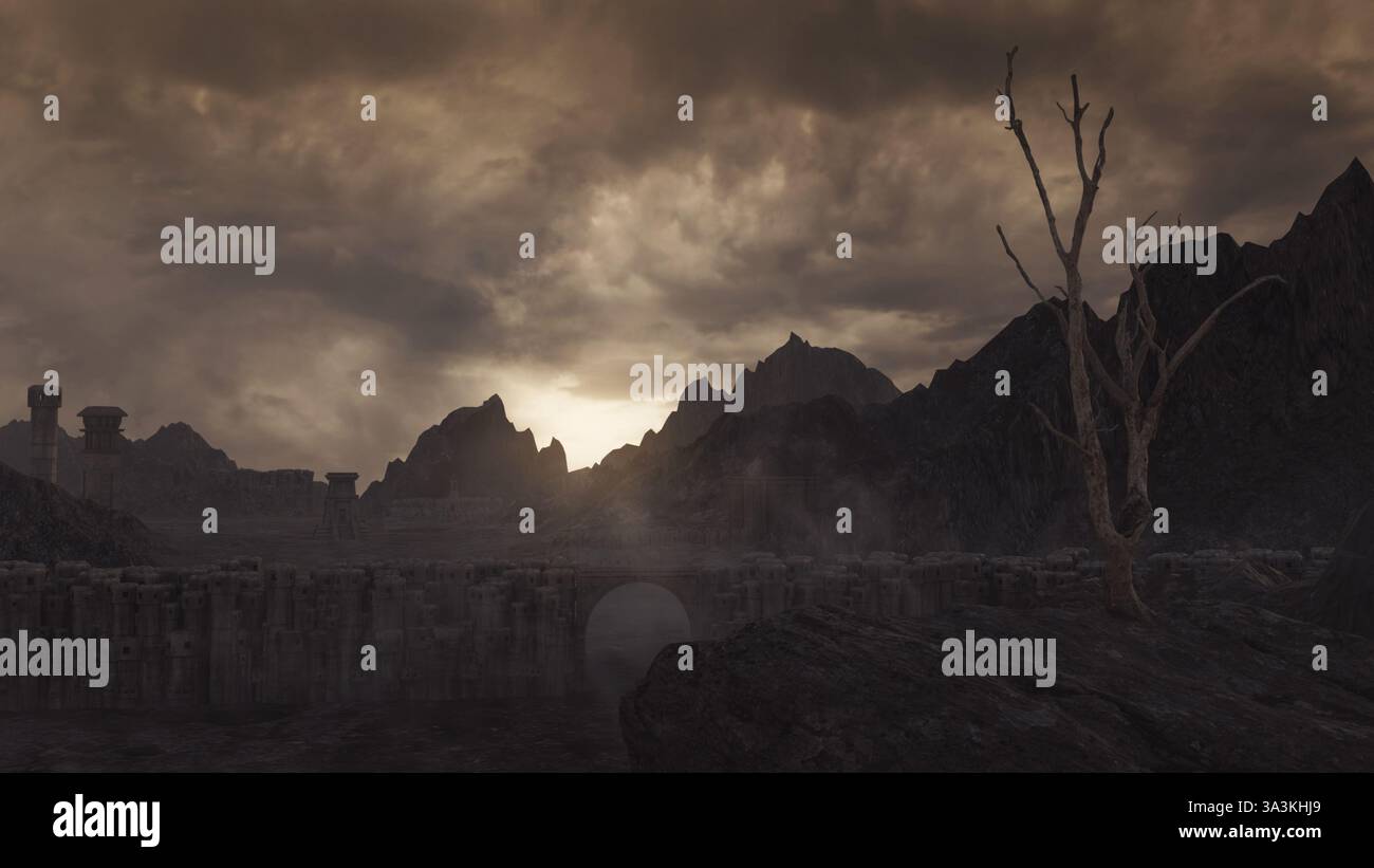 Dystopian landscape covered by dust. 3D Rendering Stock Photo - Alamy