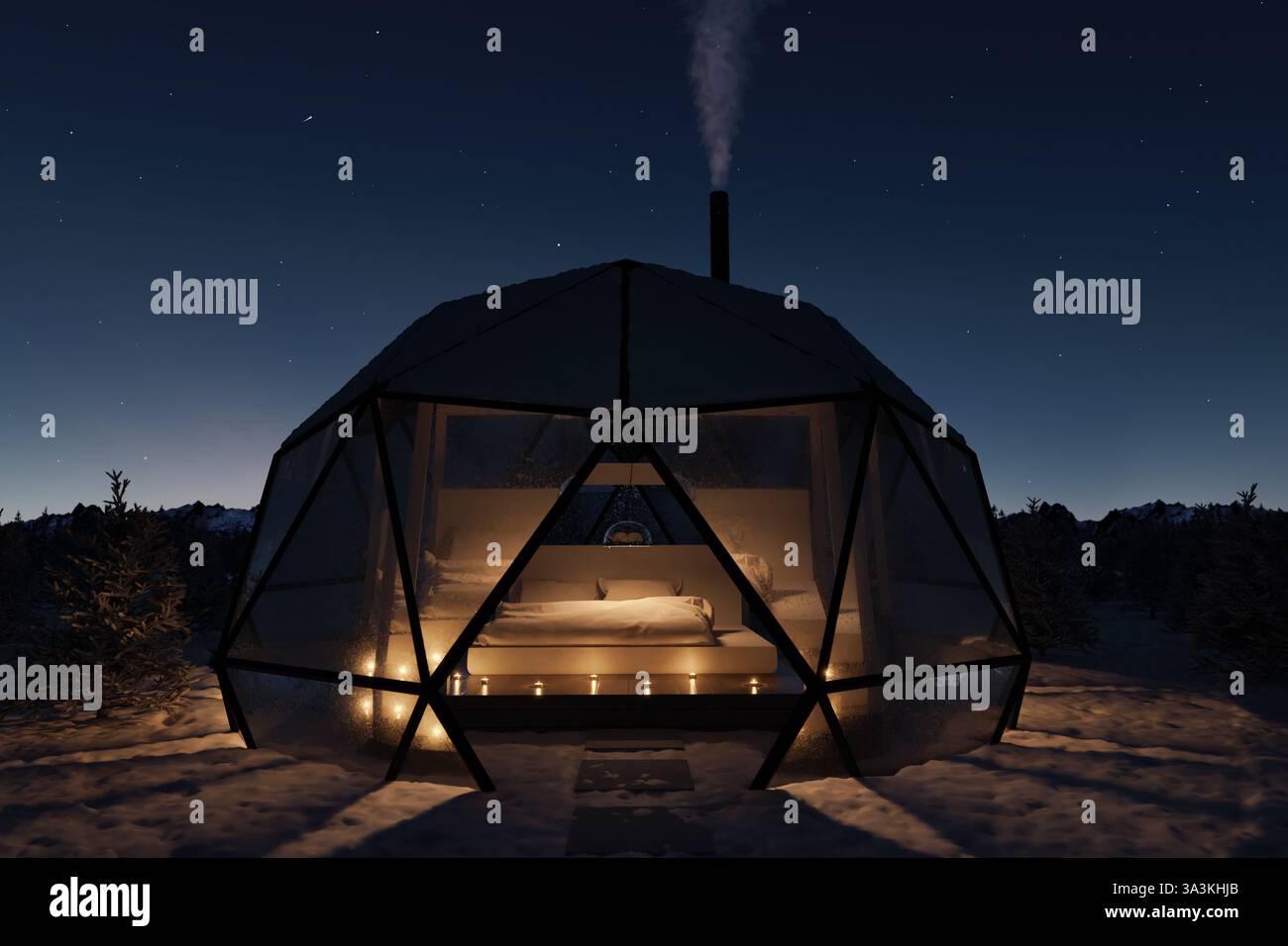 Geodesic dome hut with glass panels in a winter night. 3D Rendering ...