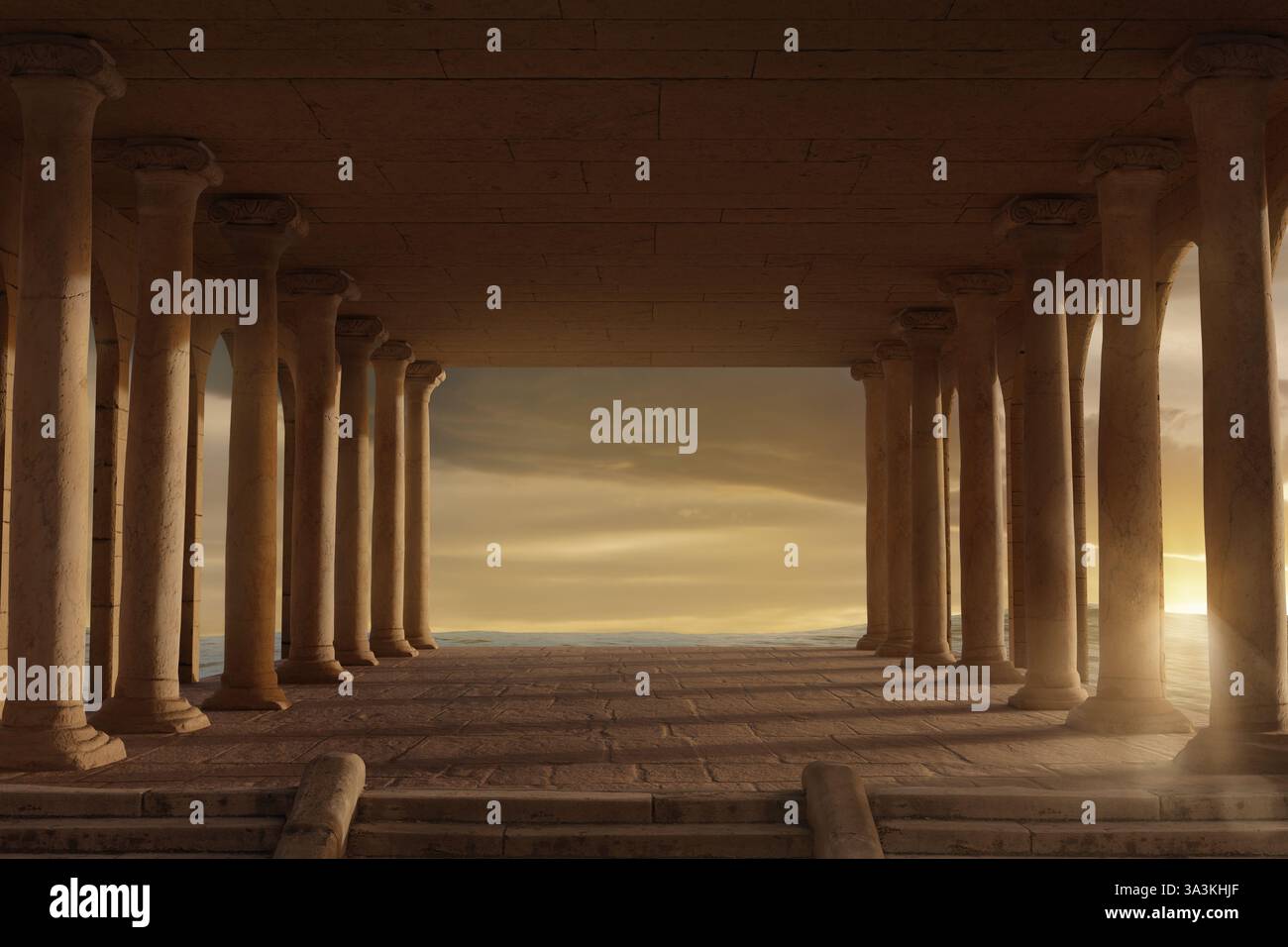 wide open hall with ionic columns and view to beautiful sea. 3D ...