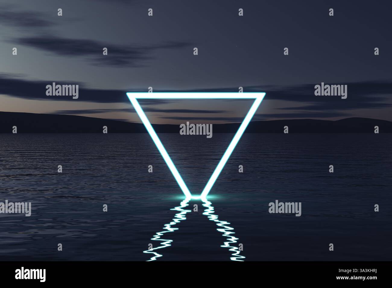 lighten glow triangle over blue ocean and in front of evening sky. 3D ...