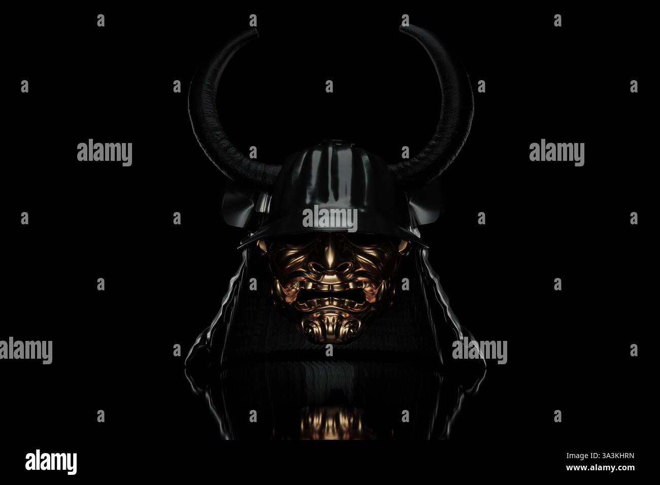 Ancient Samurai helmet type with horns in low key light. 3D Rendering ...