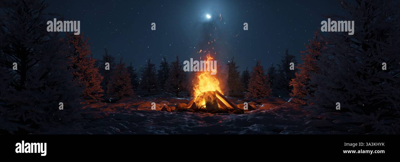 bonfire with sparks in front of snowy pine trees and moonlight sky. 3D ...