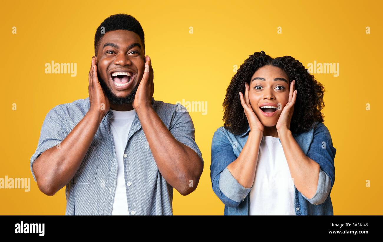Excited friends celebrating a joyful moment with surprised expressions ...