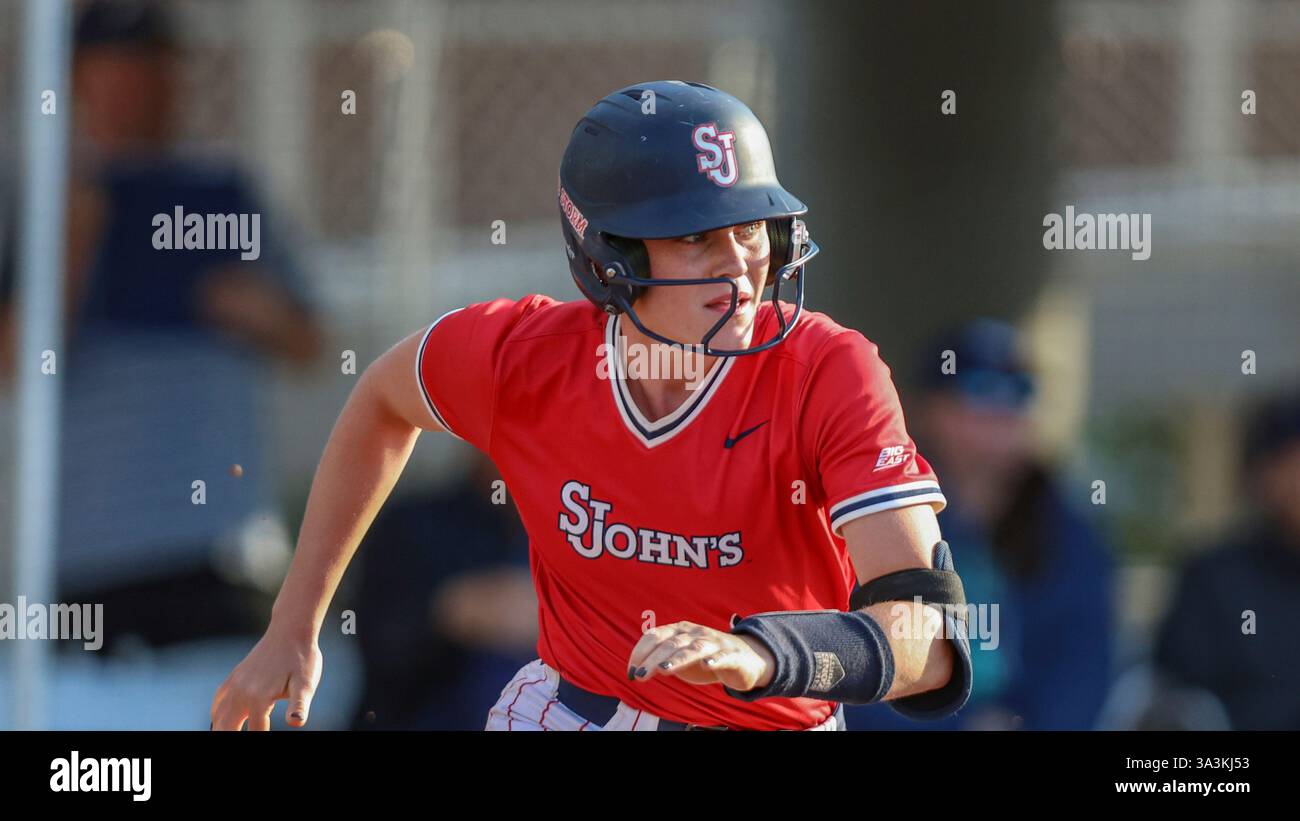 St John's third baseman Elanna Lysiak (6) runs to first base during an ...