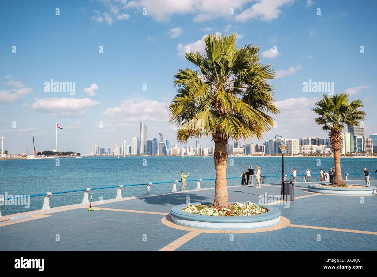 19 January 2025, Abu Dhabi, UAE: Palm trees frame the modern cityscape ...