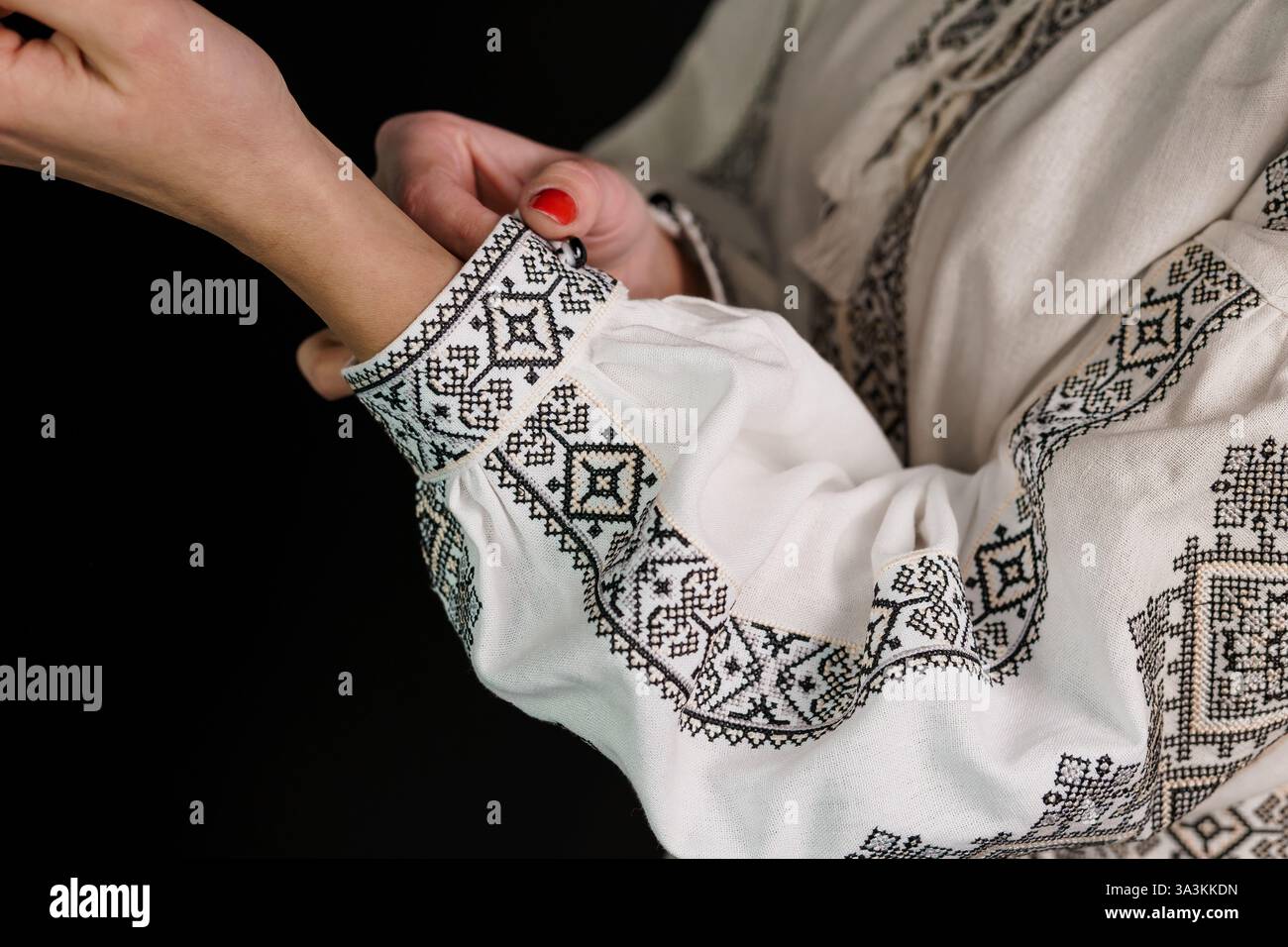 Close-up of Woman's Hands Adjusting Traditional Embroidered White ...