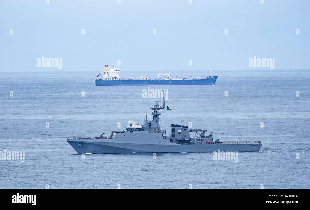 Brazilian Naval Ship and Cargo Ship near Copacabana Beach Stock Photo ...