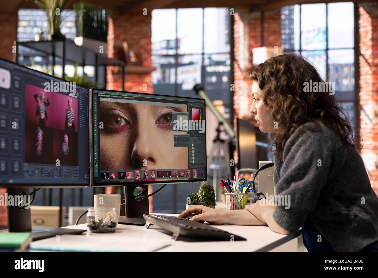 Woman using AI software to turn text prompt into photos and editing the ...