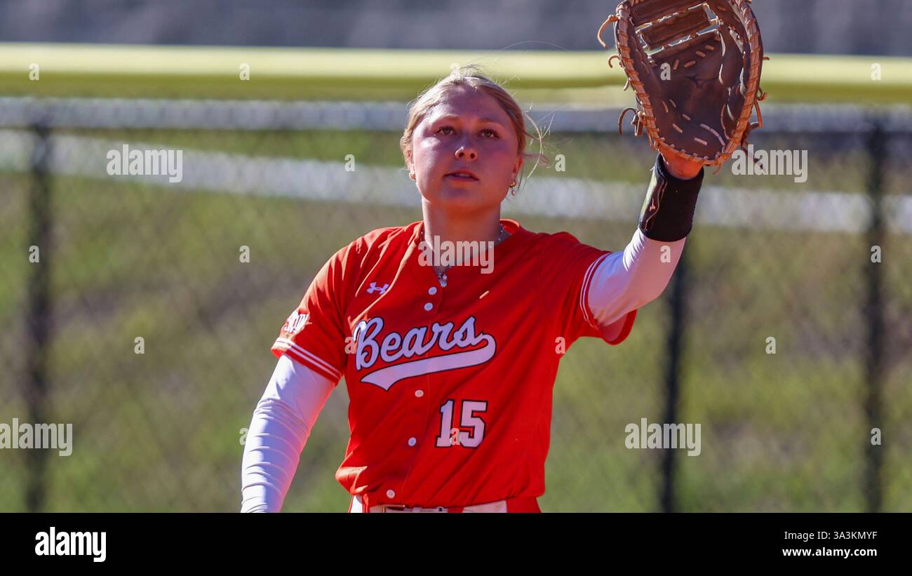 Mercer pitcher Grace Jones (15) in action during an NCAA softball game ...