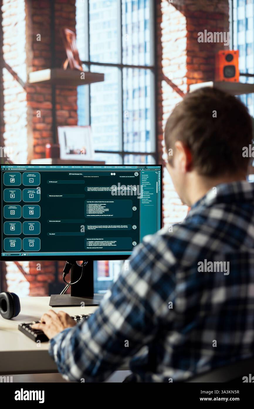 Language model generative AI chatbot on computer monitor engages in humanlike interactions with ...