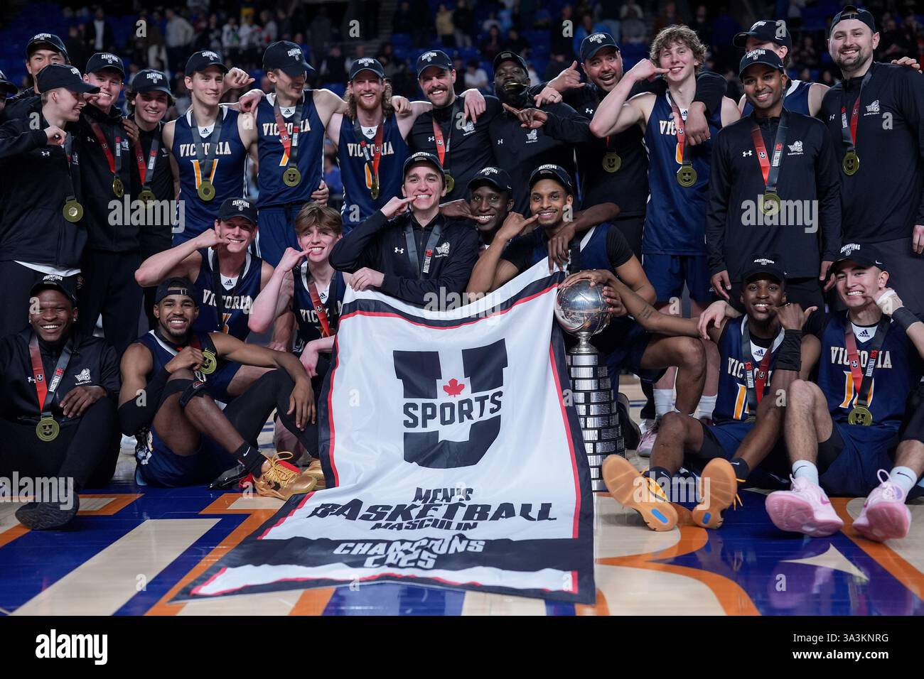 Vancouver, Canada. 16th Mar, 2025. University of Victoria Vikes players celebrate with the ...