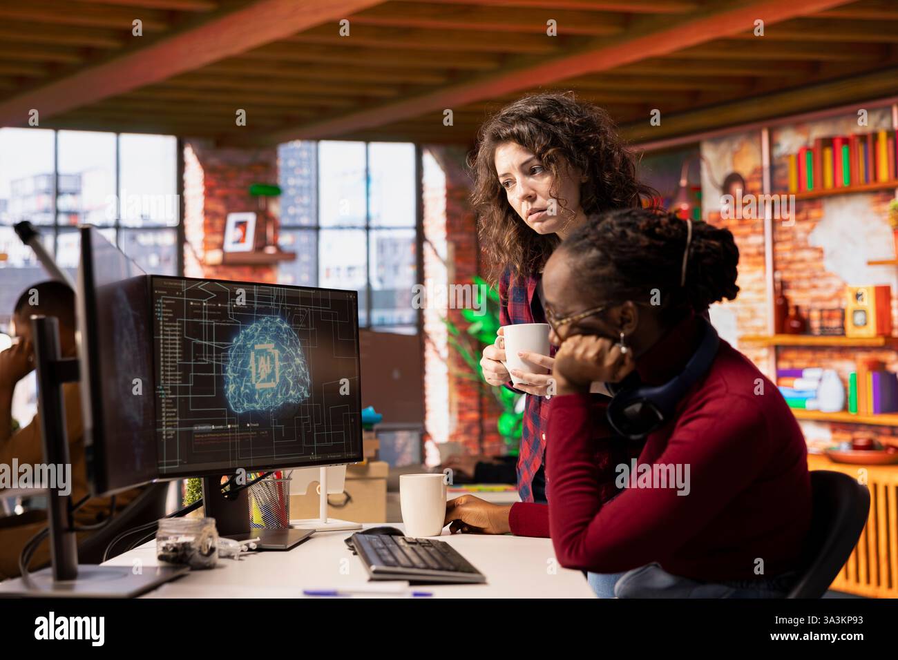 Teamworking technicians coding advanced AI algorithm and machine ...