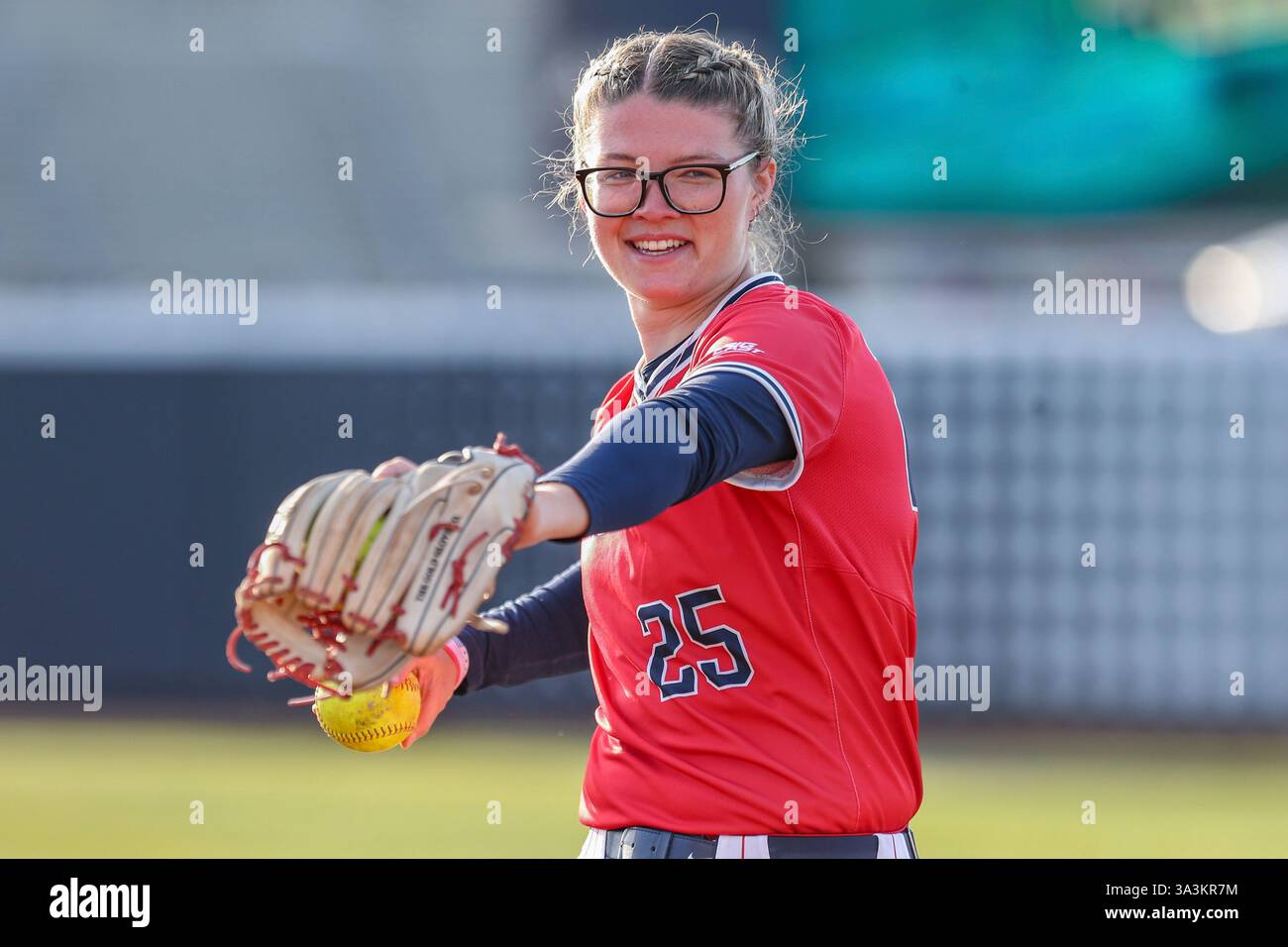 St John's first baseman Sabrina Seaton (25) in action during an NCAA ...