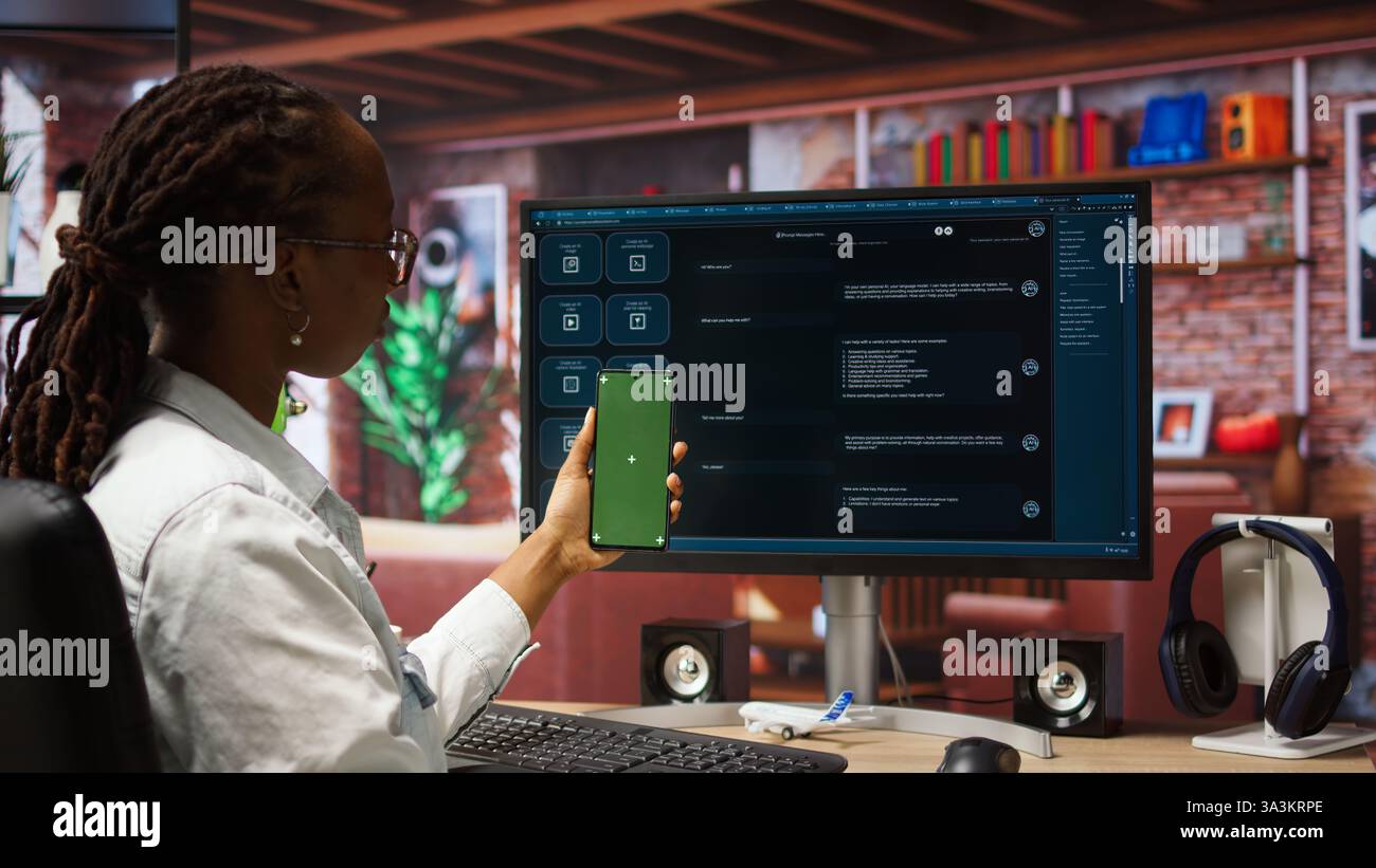 Woman using isolated screen smartphone and AI LLM chatbot on computer ...