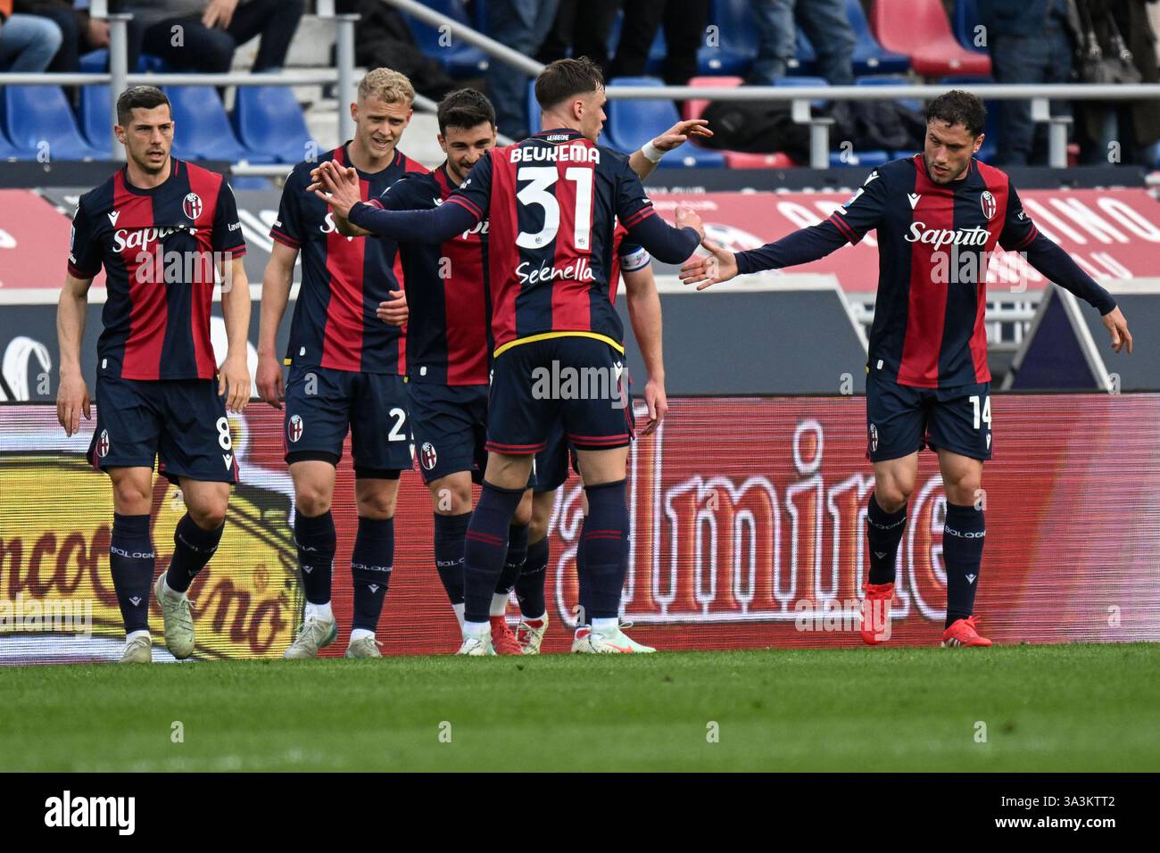 Bologna, Italy. 16th Mar, 2025. Bologna Fc players celebrating Jens Odgaard's goal during ...