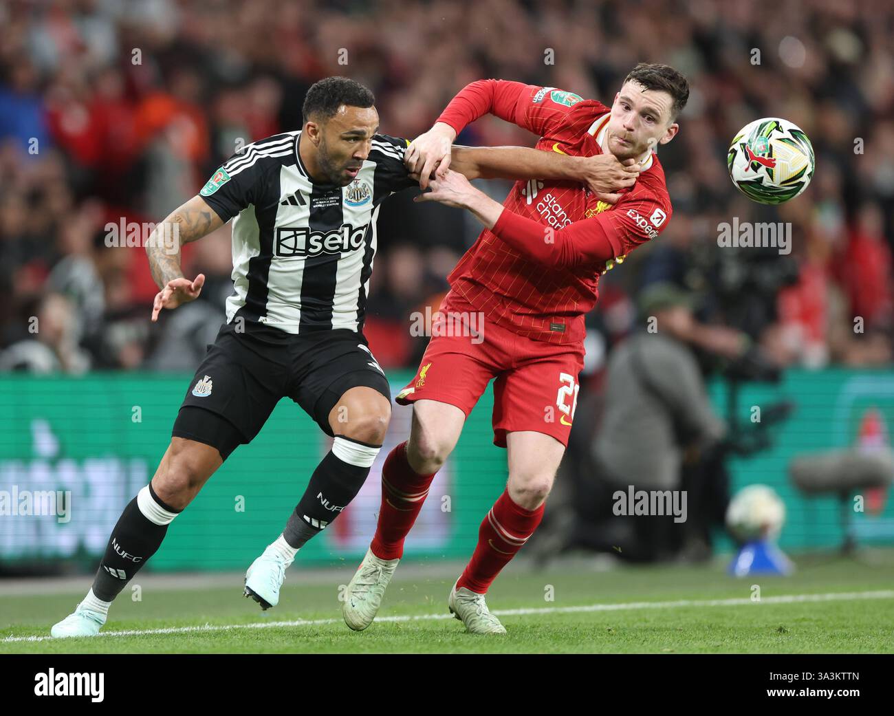 London, UK. 16th Mar, 2025. Andy Robertson (R) of Liverpool in action ...