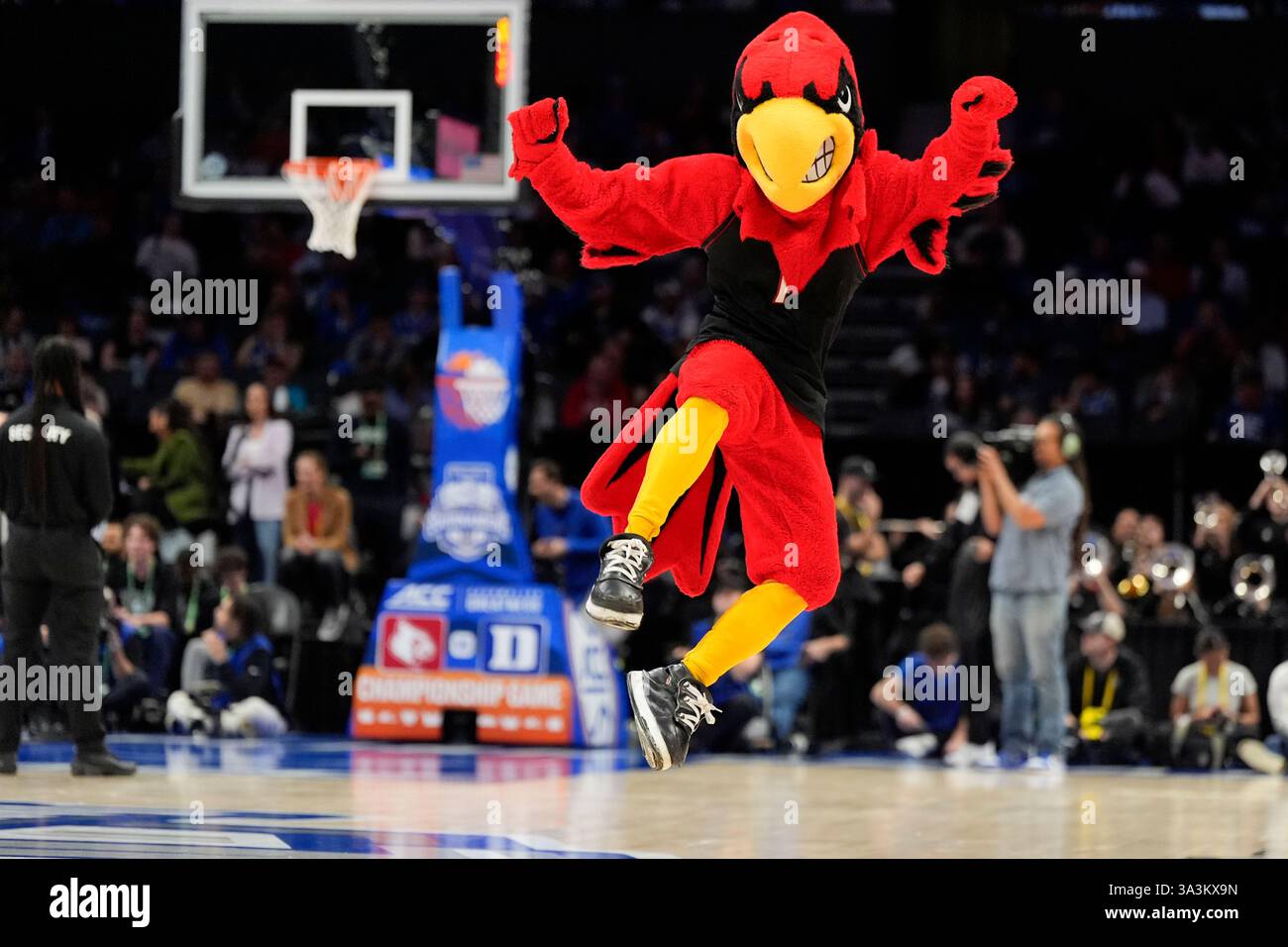 The Louisville mascot performs during an NCAA college basketball game ...